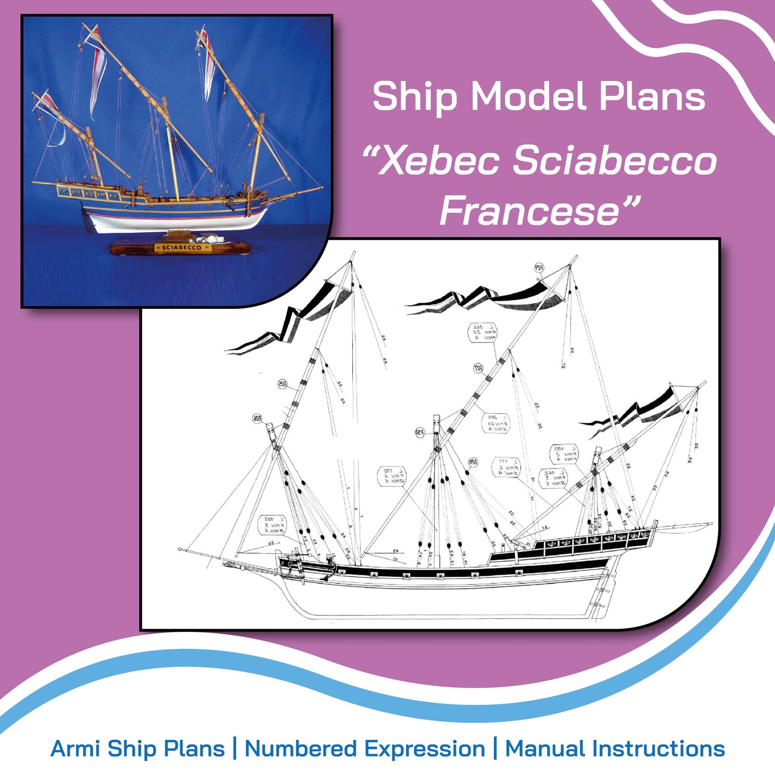Xebec Sciabecco Francese Wooden Ship Model Plans, 1:60 Scale (digital ...
