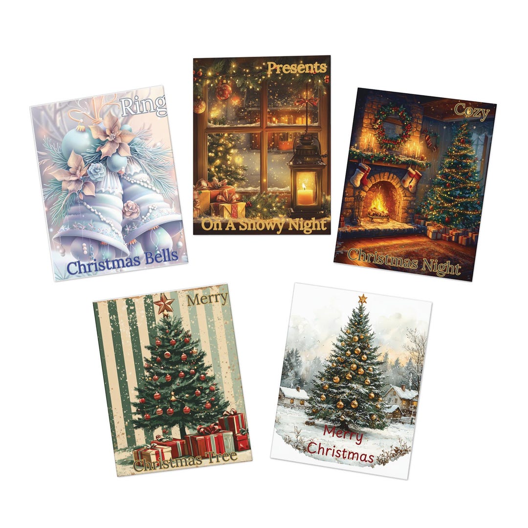 Assorted Christmas Cards Set of 5, Snowy Tree Scene, Ornament-laden ...