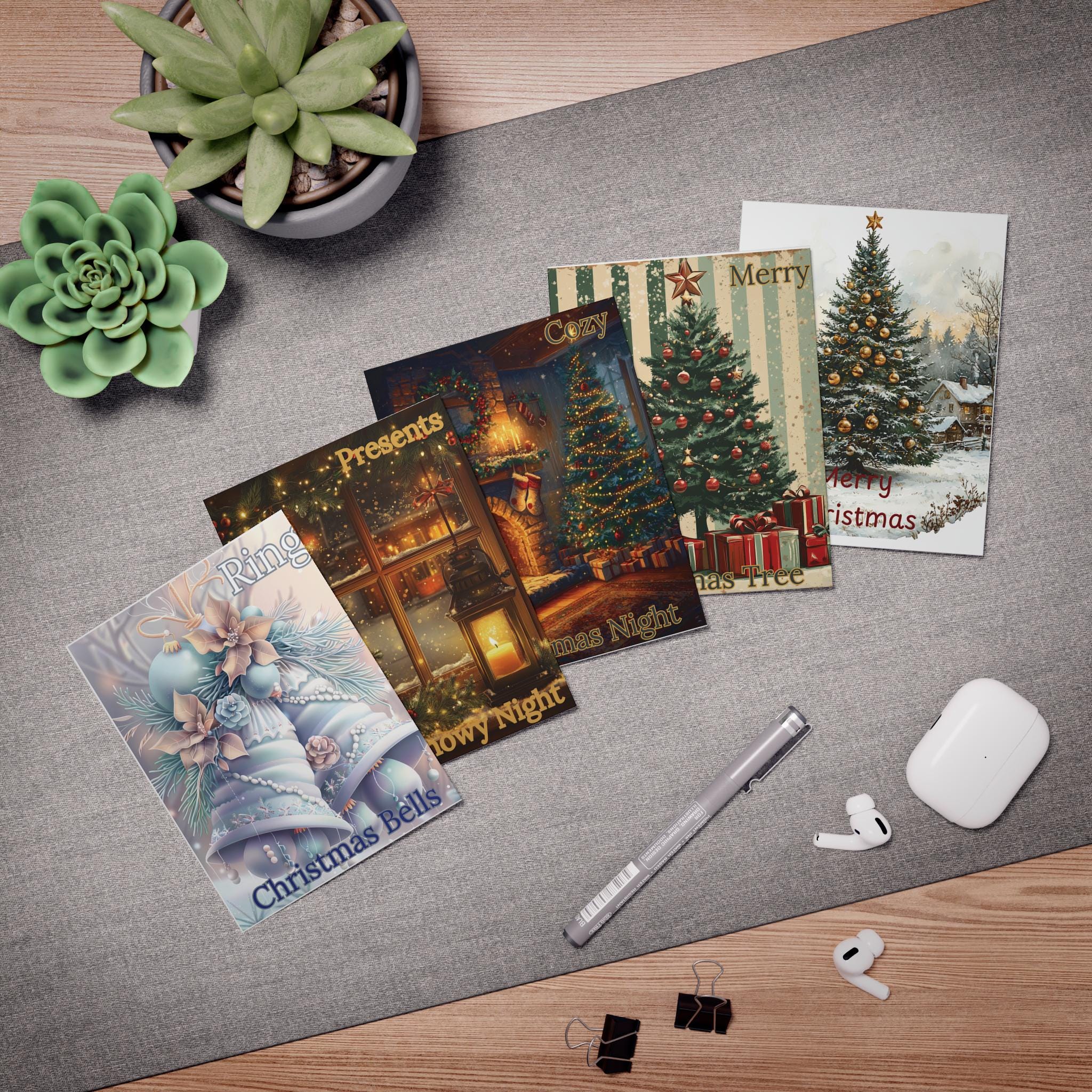 Assorted Christmas Cards Set of 5, Snowy Tree Scene, Ornament-laden ...
