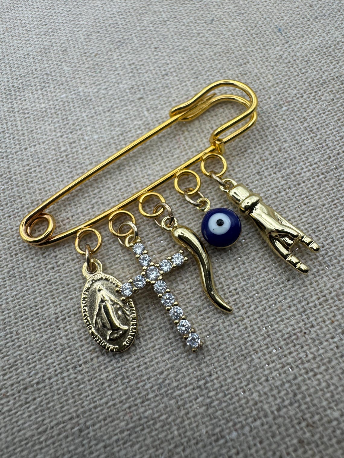 Protection Pin - Gold - Virgin Mary, Cubic Zirconia Cross, Cornicello ...