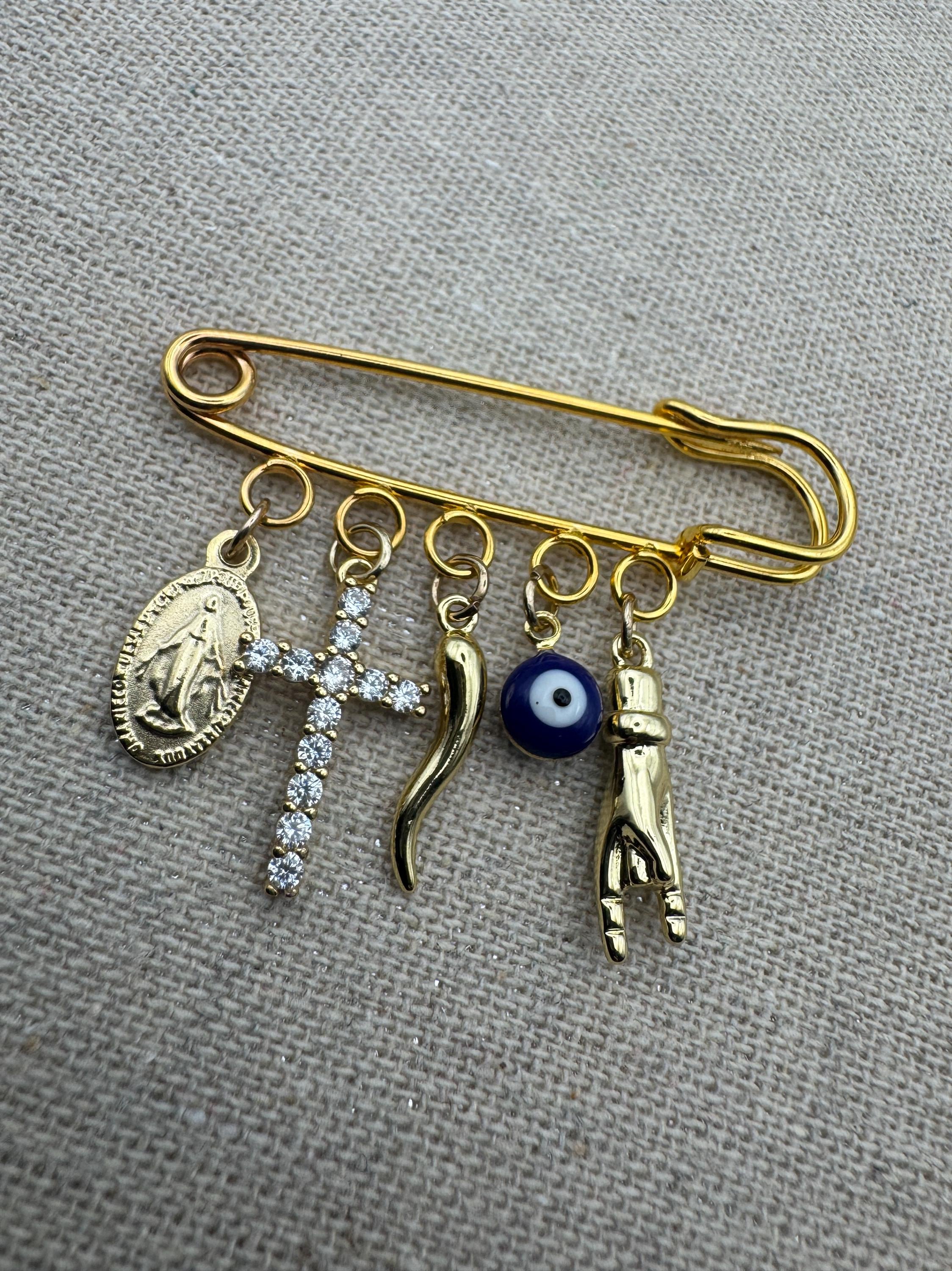 Protection Pin - Gold - Virgin Mary, Cubic Zirconia Cross, Cornicello ...