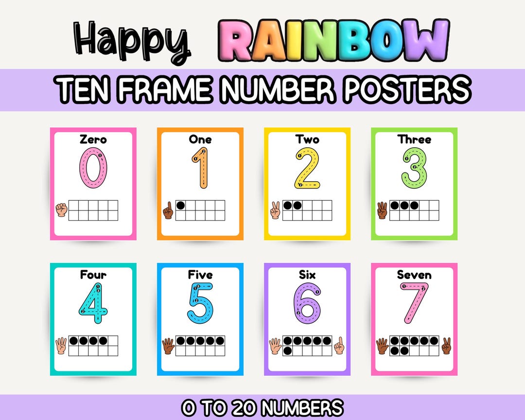 Rainbow Ten Frame Number Posters 0-20 | Kindergarten Math Learning ...