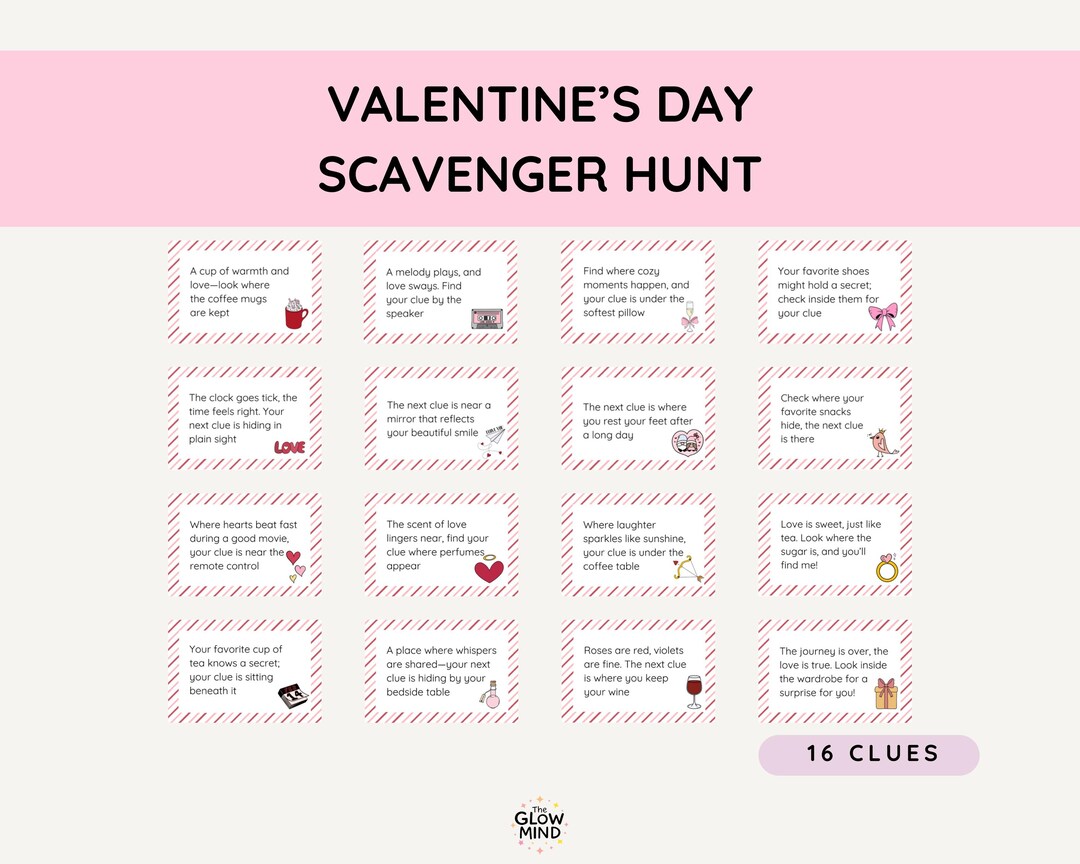 Valentine’s Day Scavenger Hunt Printable Clue Cards, Fun & Romantic ...