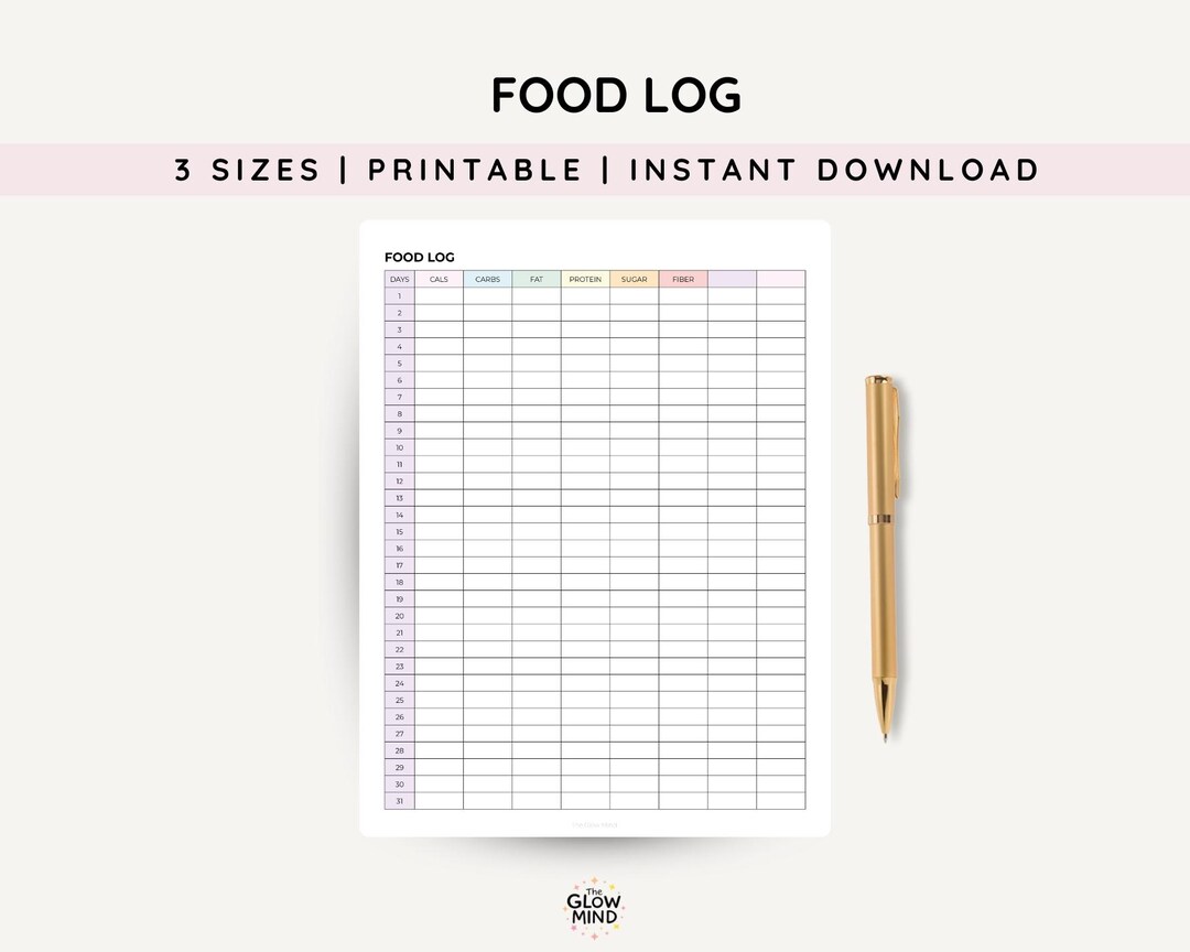 Printable Food Log, Nutrition Tracker, Daily Nutrition Log, Food ...