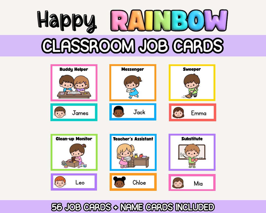 Happy Rainbow Classroom Job Cards | Editable Name Cards (canva ...