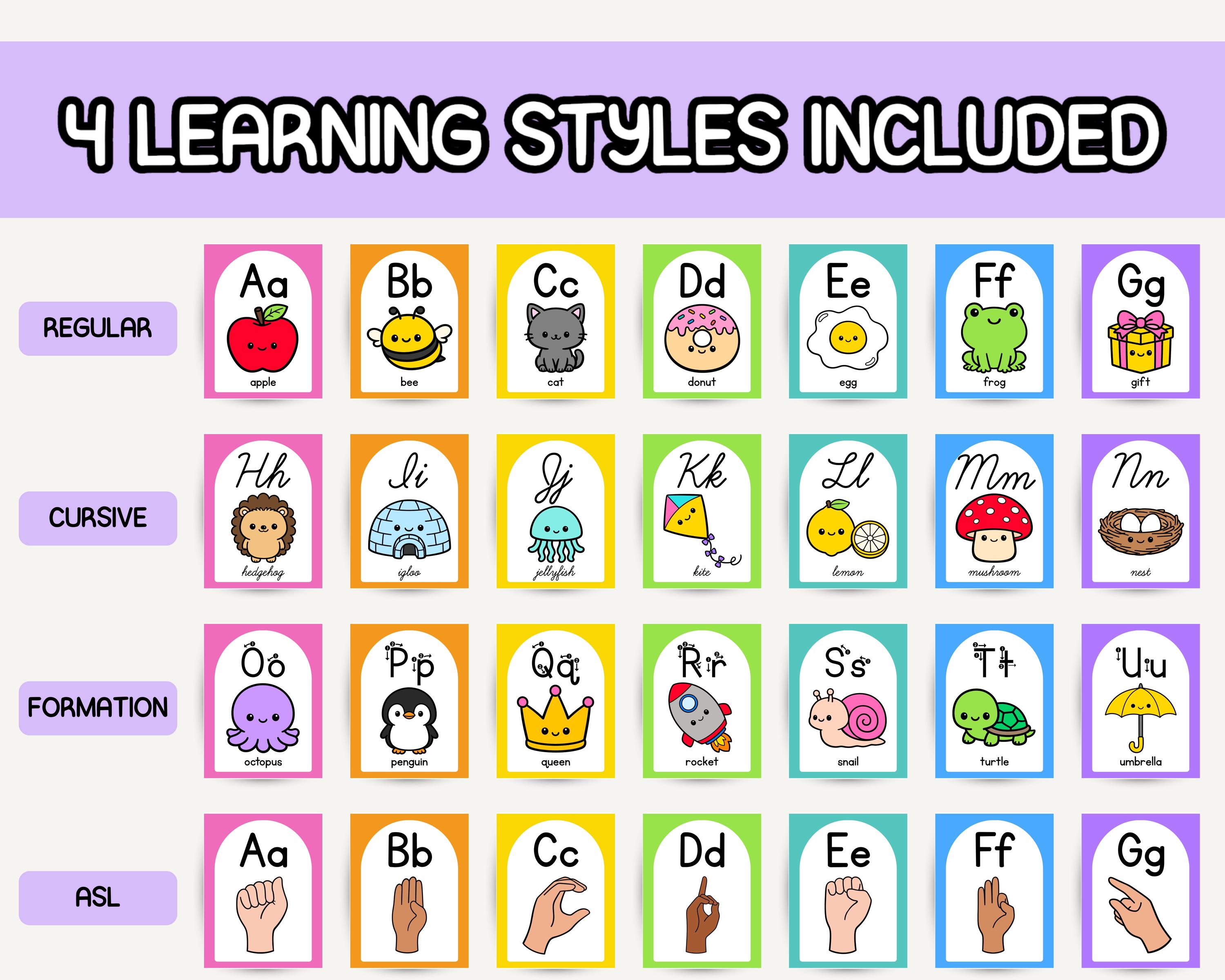 Alphabet Posters A-Z | 4 Learning Styles | Cursive, ASL, Letter ...