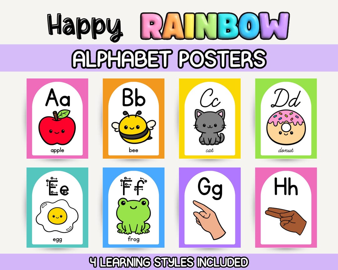 Happy Rainbow Alphabet Posters | Cursive, ASL, Letter Formation ...