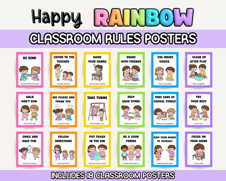 Happy Rainbow Classroom Rules Posters | Behavior Expectations ...