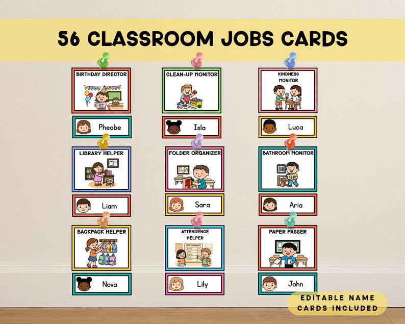 Classroom Job Chart: Fun, Colorful Cards & Editable Name Tags (PDF) - Etsy