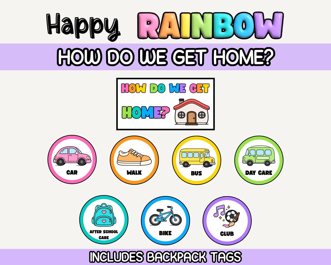 Rainbow Classroom Dismissal Board | Transportation Chart, Backpack Tags ...