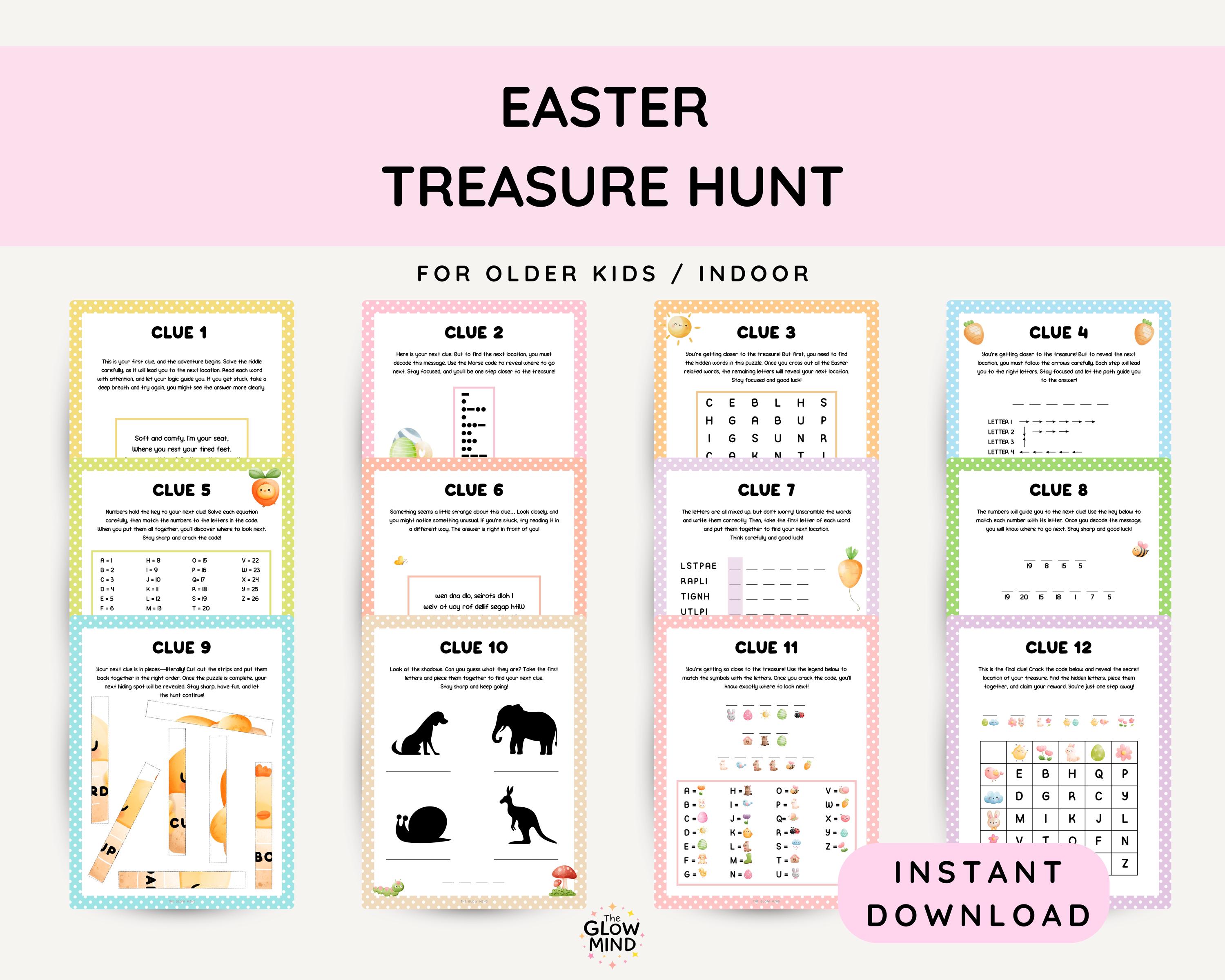Easter Indoor Treasure Hunt, Indoor Easter Clue Game for Older Kids ...