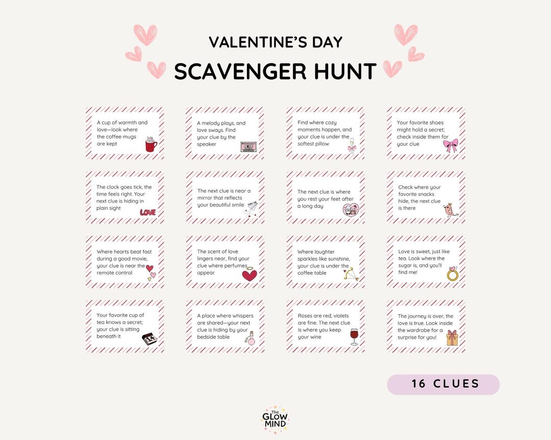Valentines Day Scavenger Hunt Printable Clue Cards, Fun & Romantic ...