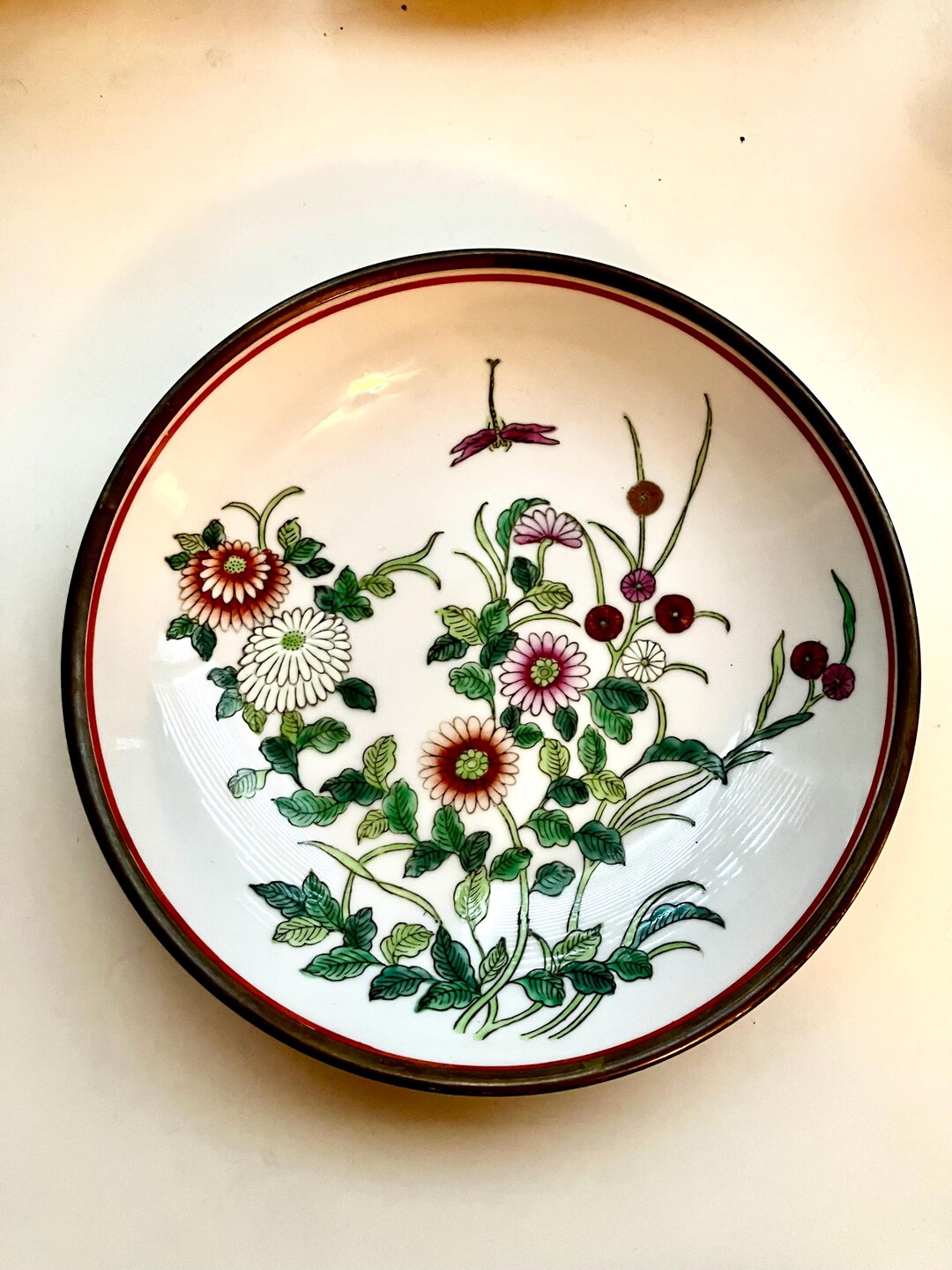 Vintage Horchow Collection Japanese Porcelain Dish Brass Bottom Floral ...