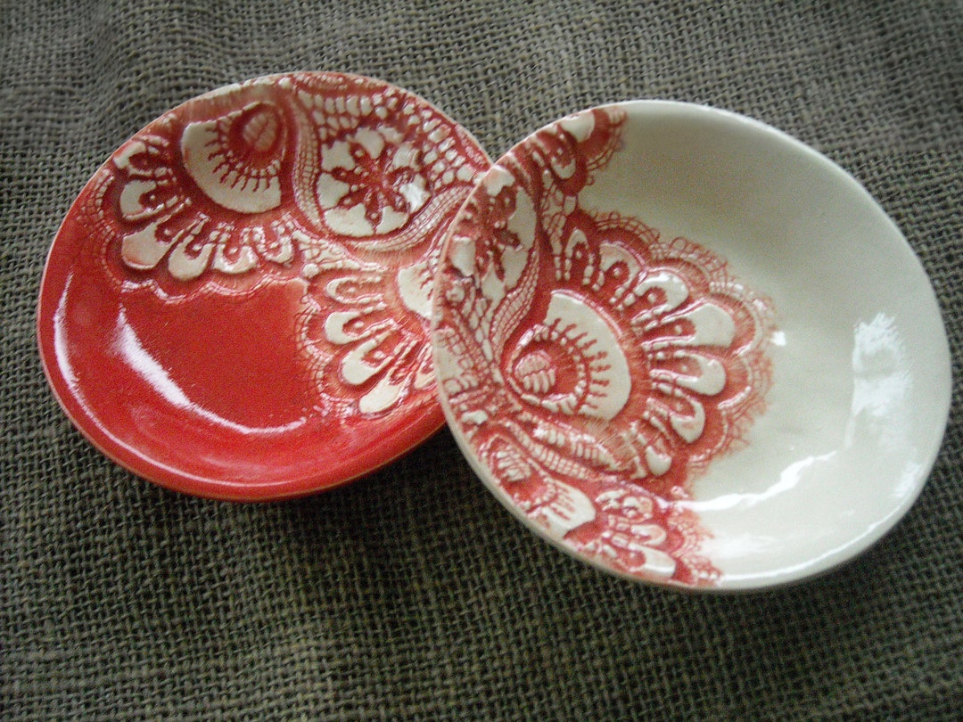 Red Pottery Bowl - Handmade Pottery - Lace Textured Bowl - Decorative ...