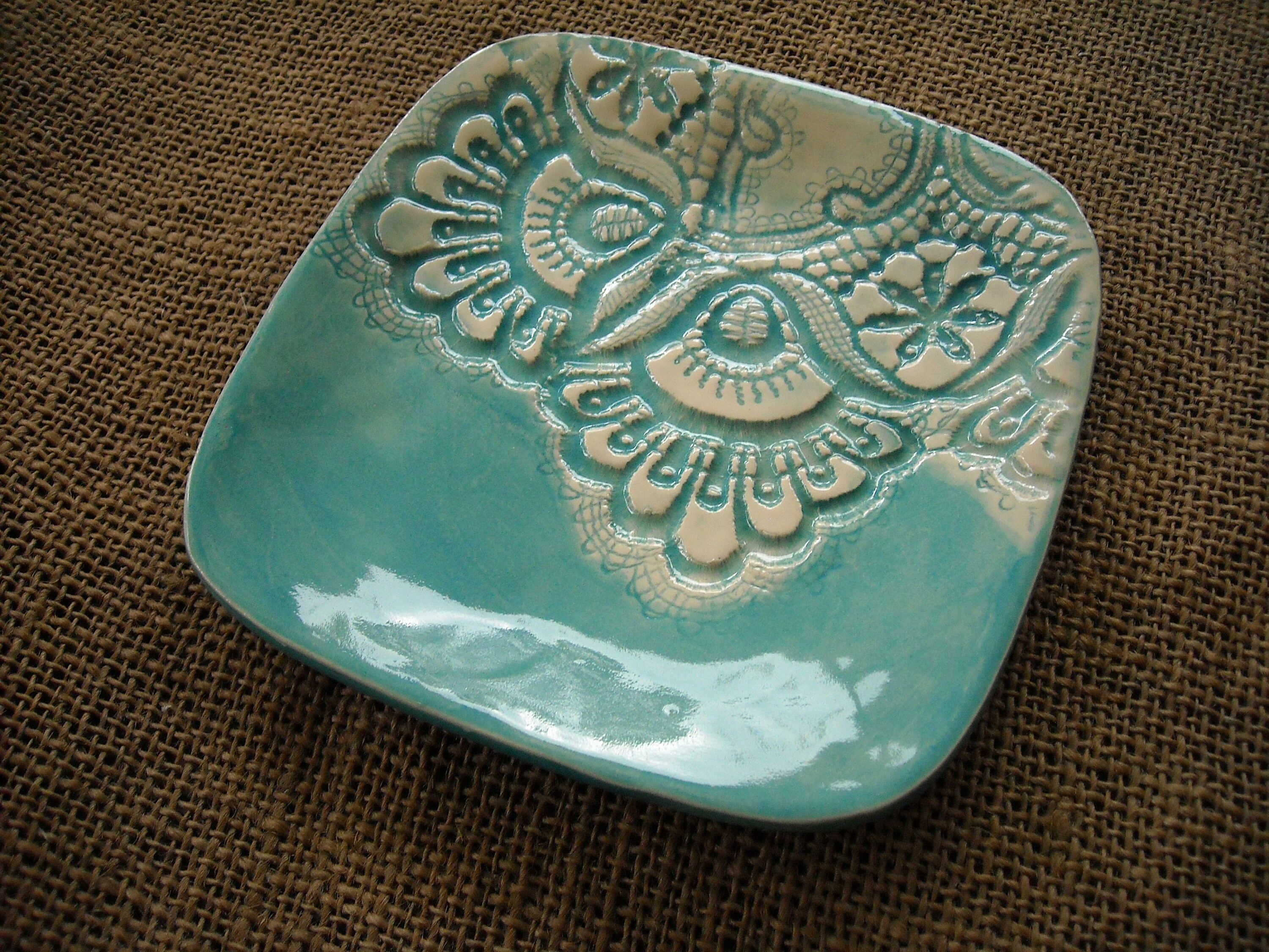 Lace Ceramic Dish - Lacy Handmade Pottery - Blue Handmade Pottery ...