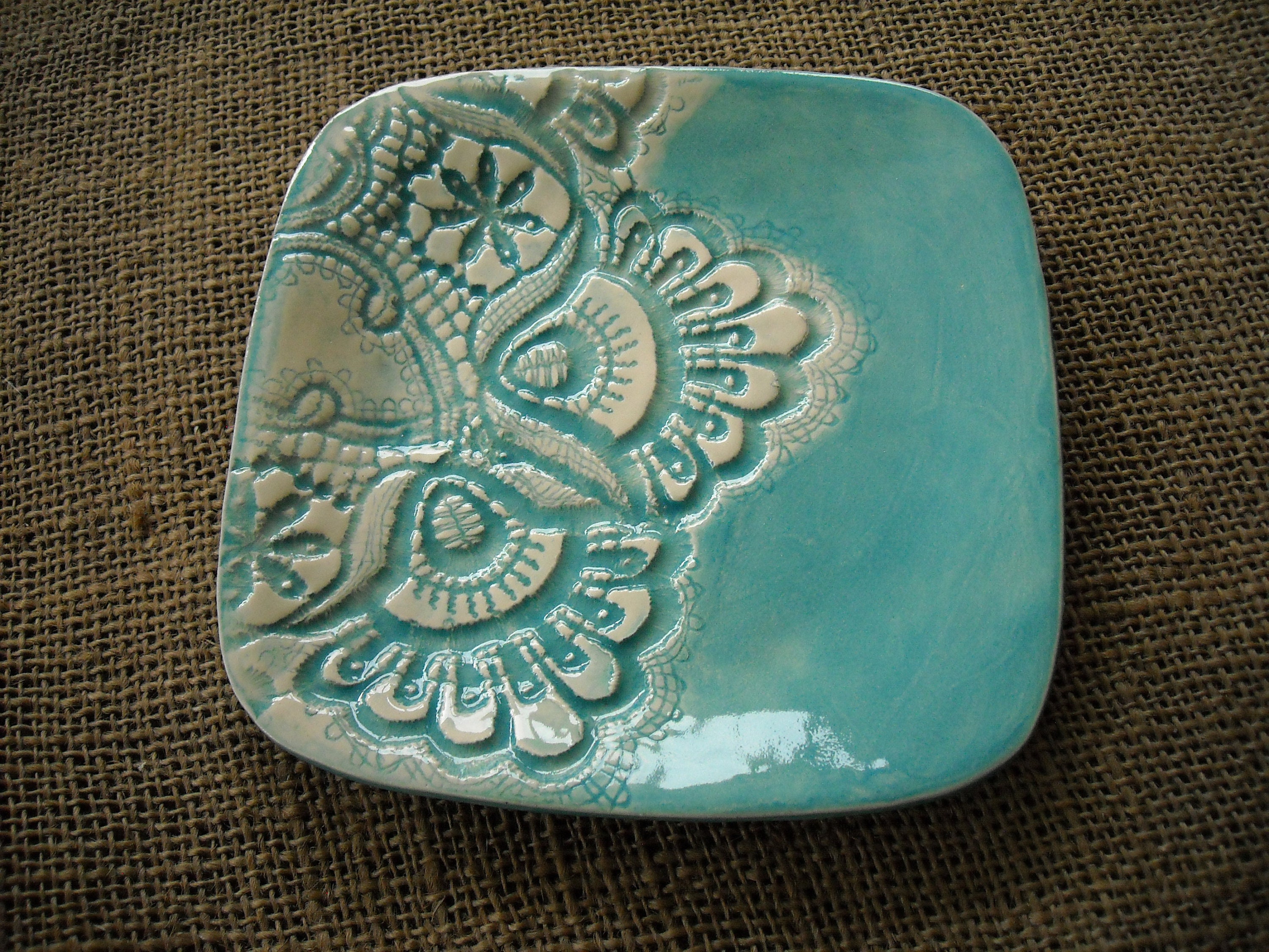 Lace Ceramic Dish - Lacy Handmade Pottery - Blue Handmade Pottery ...