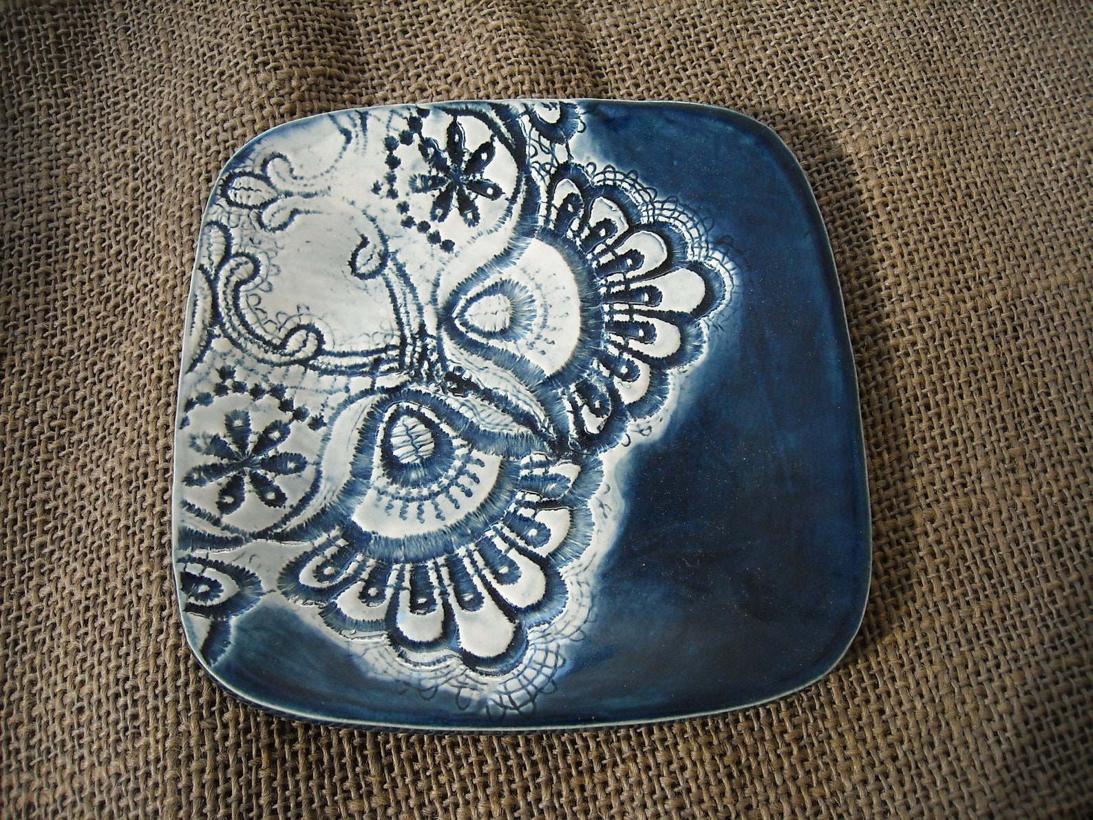 Lace Ceramic Dish - Lacy Handmade Pottery - Blue Handmade Pottery ...