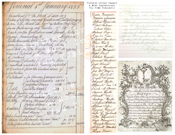 Vintage Script Papers Digital down load collage sheet | Etsy