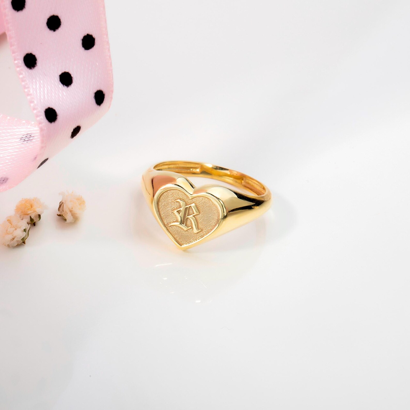 Initial Heart Pinky Ring - Personalized 14K Real Gold Signet Ring ...