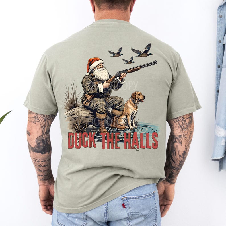 Duck the Hall- Christmas Hunting Men's Holiday Santa Printed Graphic ...