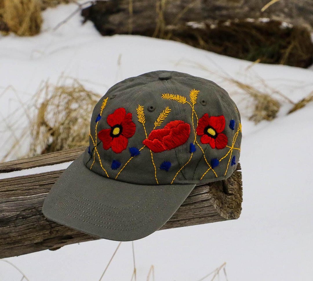 Hand Embroidered Red Poppy Baseball Hat - Etsy