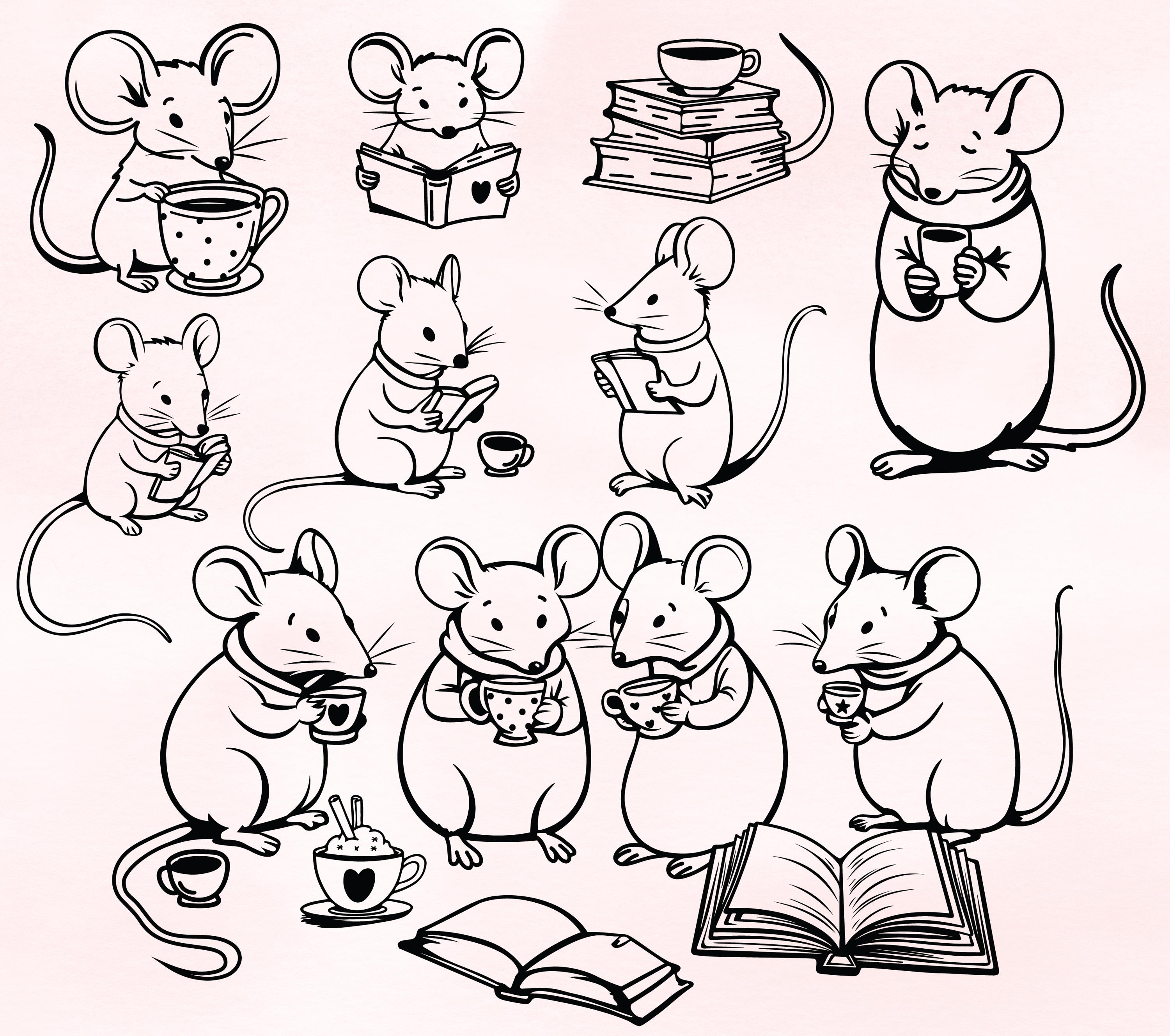 Cozy Reading Mouse SVG Bundle | Tea & Book Lover Clipart | Cute Hand ...
