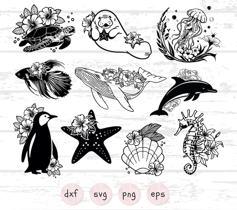 Floral Sea Animals SVG Bundle, Sea Animals Svg, Ocean Life Cut File for ...