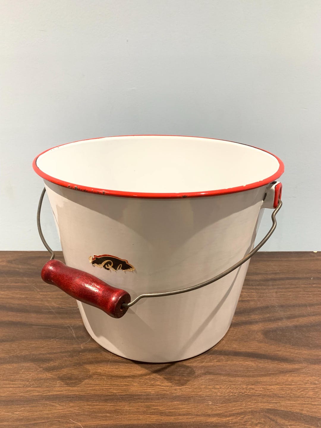 Vintage Enamelware White Pail With Red Trim and Red Wooden Handle - Etsy