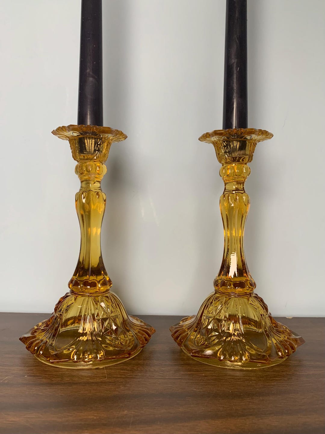 Stunning Pair of Vintage Amber Glass Candlestick Holders. Repair on Top ...