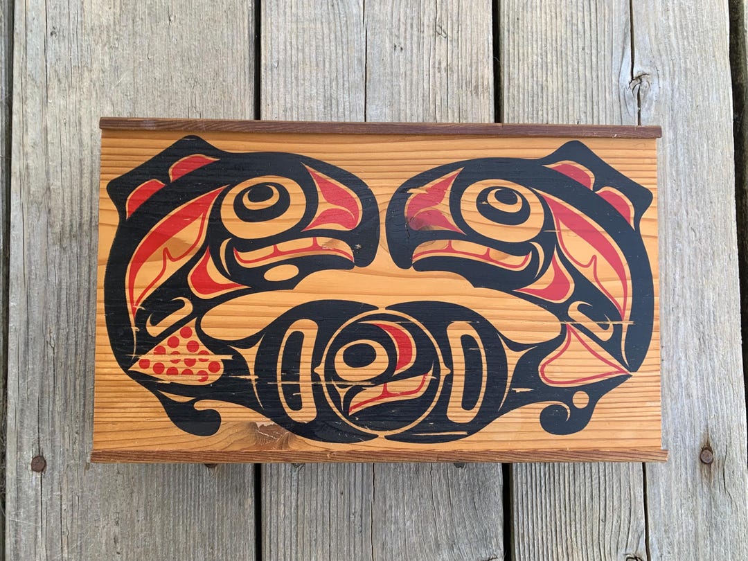 Vintage West Coast Haida Indigenous Art Salmon Cedar Box. Lid Slides ...