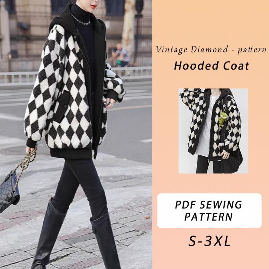 Vintage Diamond Pattern Hooded Coat PDF Sewing Pattern, Hooded Coat ...