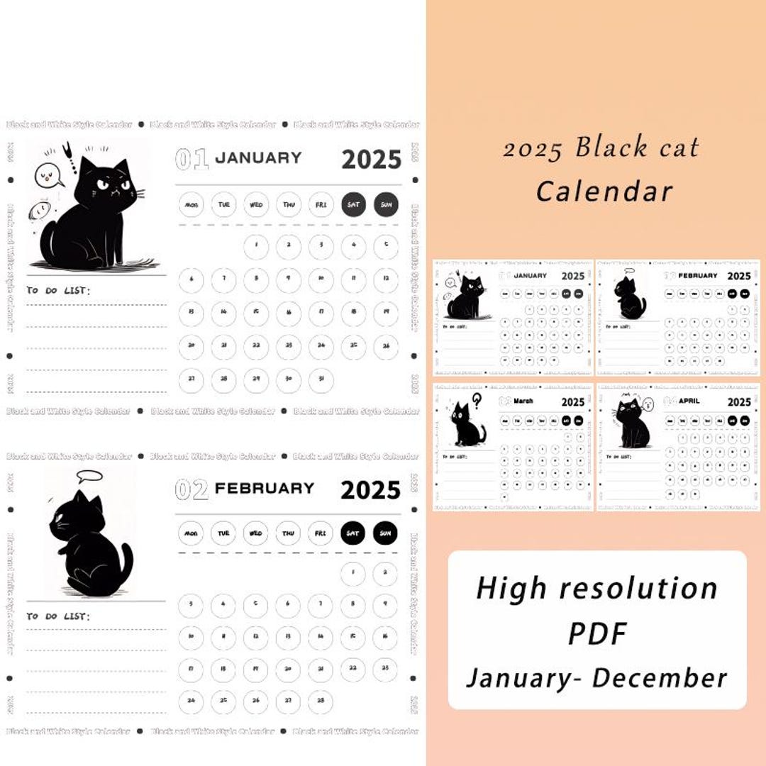 2025 Black Cat Calendar, Monthly Planner, Landscape Calendar, Monthly ...