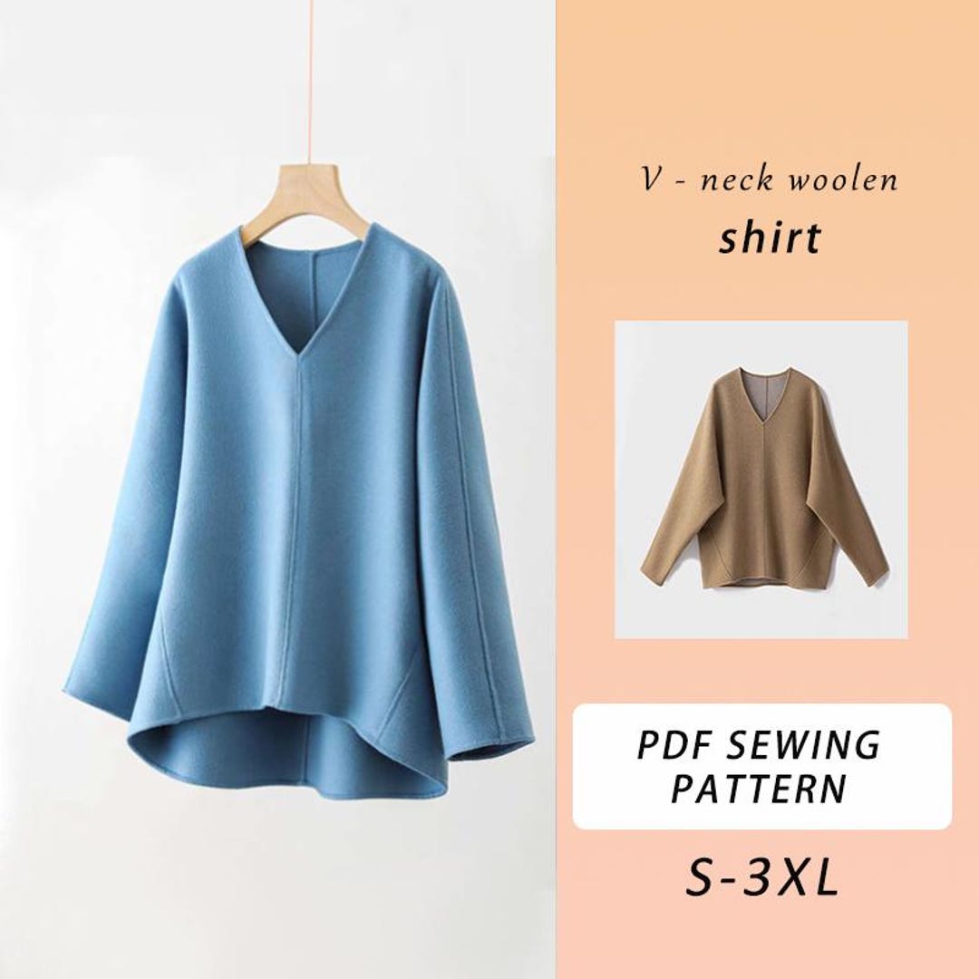 V Neck Woolen Shirt Sewing Pattern, Simple Shirt Pattern, Casual Wear ...