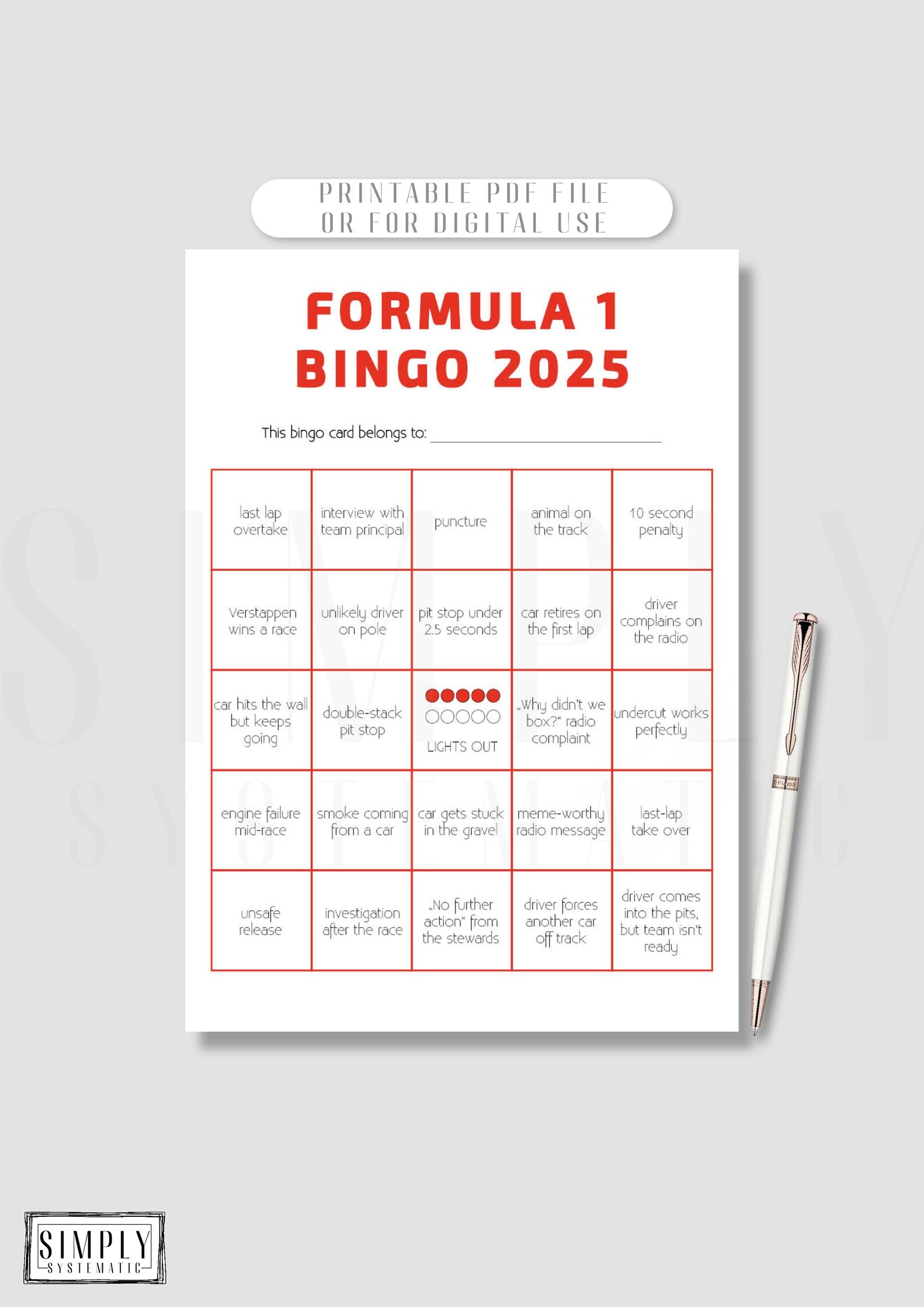 Formula 1 Bingo 2025 – Digital Download | F1 Race Bingo Game | A4, A5 ...
