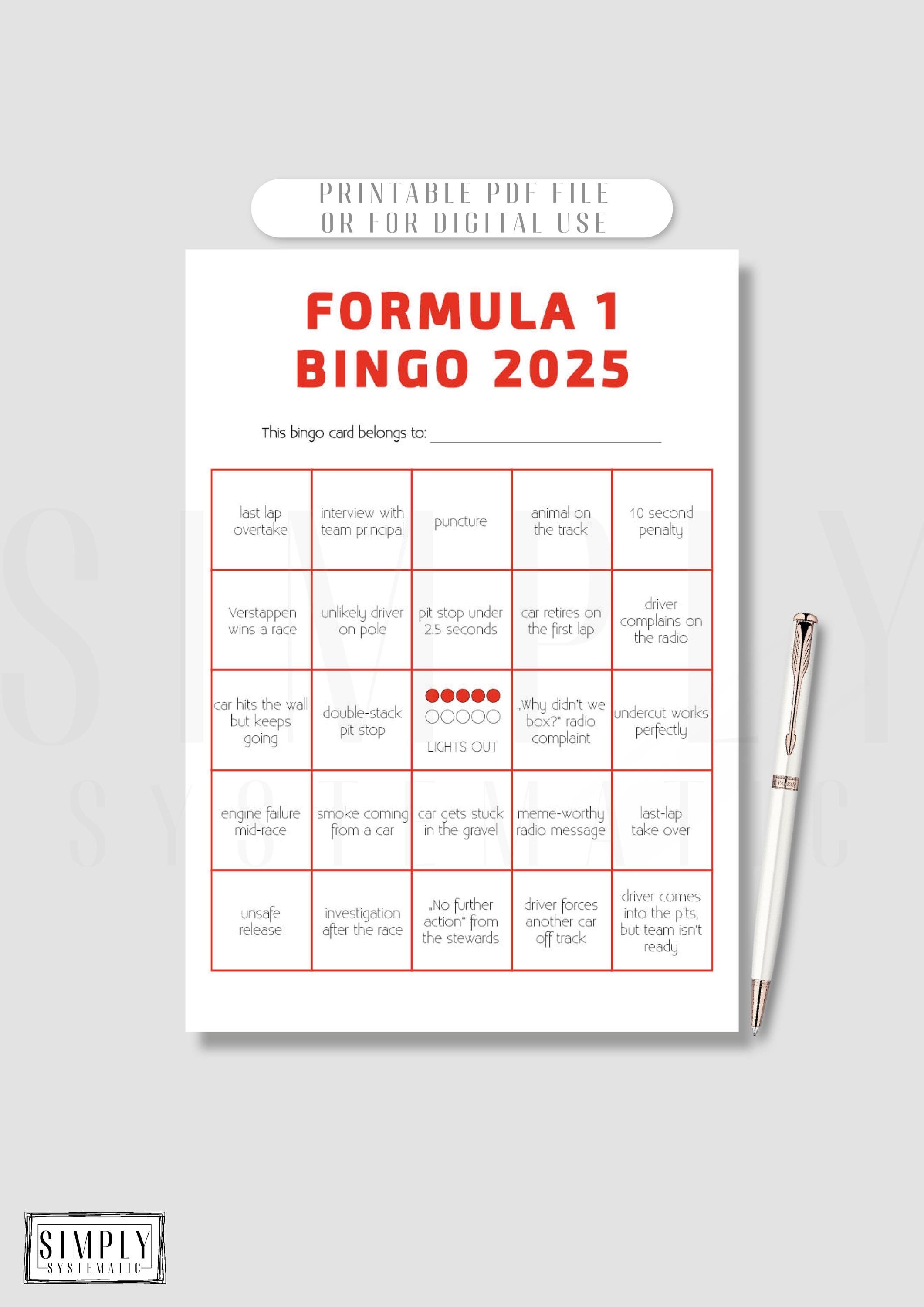 Formula 1 Bingo 2025 – Digital Download | F1 Race Bingo Game | A4, A5 ...