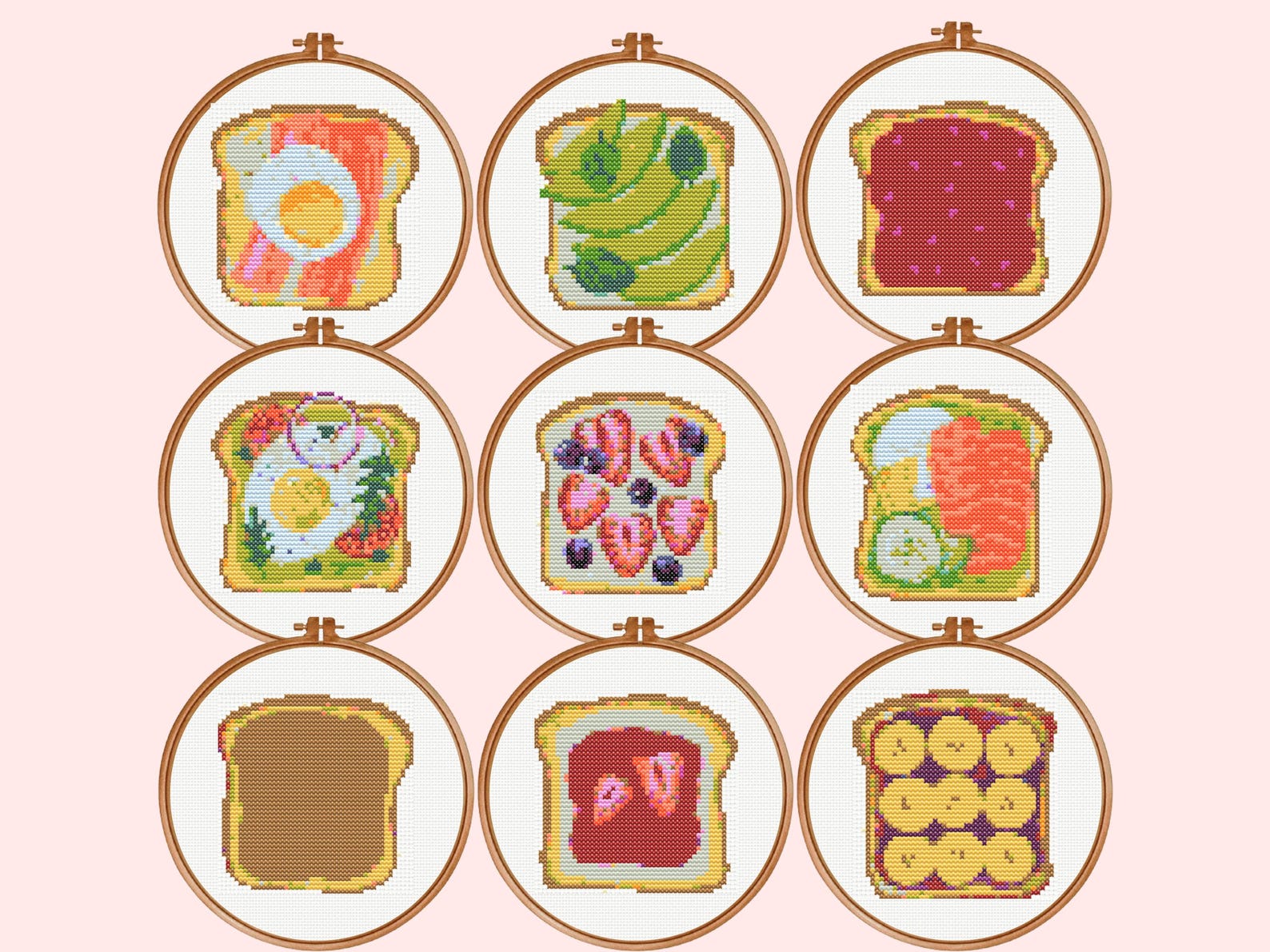 Toast Cross Stitch Patterns, Set of 9 Toast Cross Stitch Pattern ...