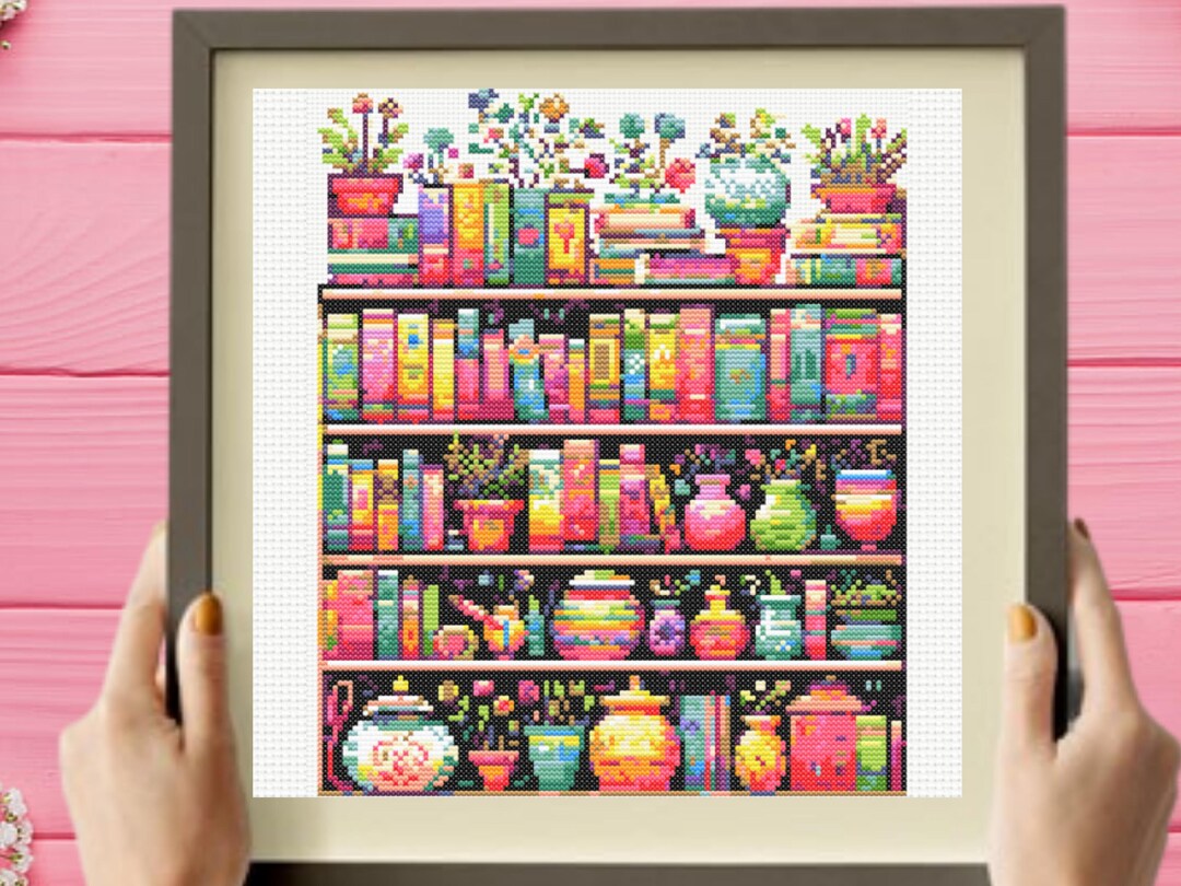 Bookshelf Cross Stitch Pattern, Book Lover Cross Stitch Patterm ...