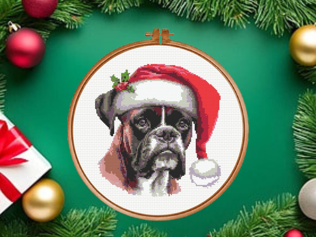 Boxer Cross Stitch Pattern, Boxer Dog Cross Sitch Pattern, Santa Dog ...