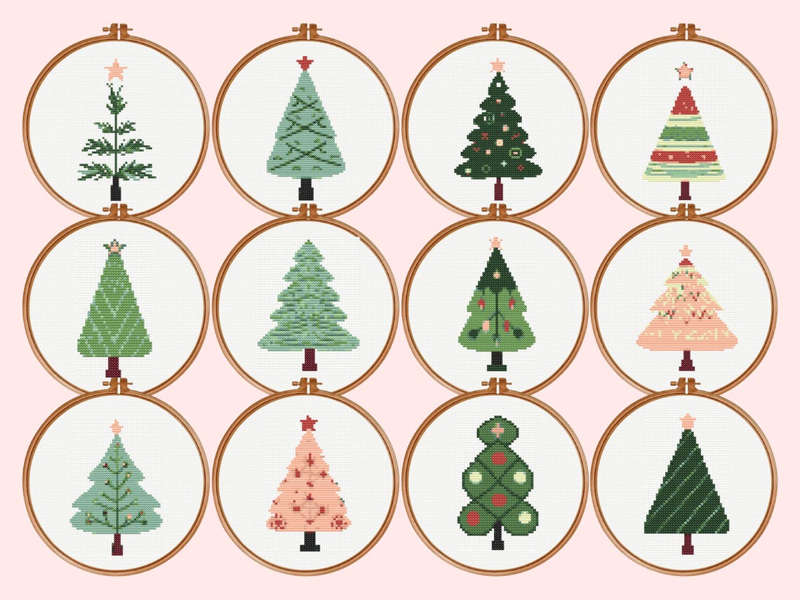Christmas Tree Cross Stitch Pattern | Set of 12 Christmas Fruit Trees ...