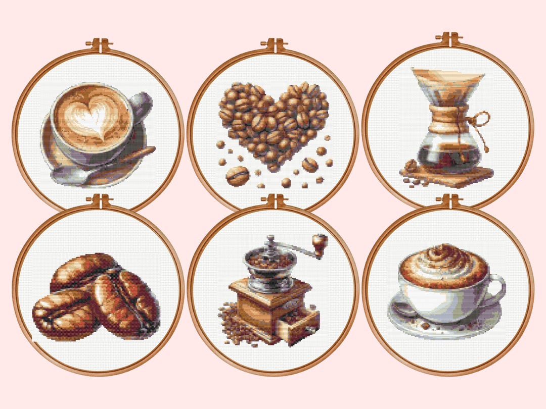 Coffee Cross Stitch Patterns, Set of 6 Coffee Cross Stitch Pattern ...