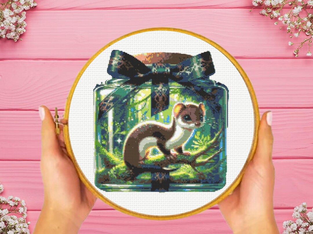 Weasel in a Jar Cross Stitch Pattern, Magical Forest Jar Cross Stitch ...