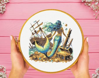 Sailor and Mermaid Cross Stitch Pattern, PDF Instant Download, Full Coverage, Sea Ocean Folklore ...