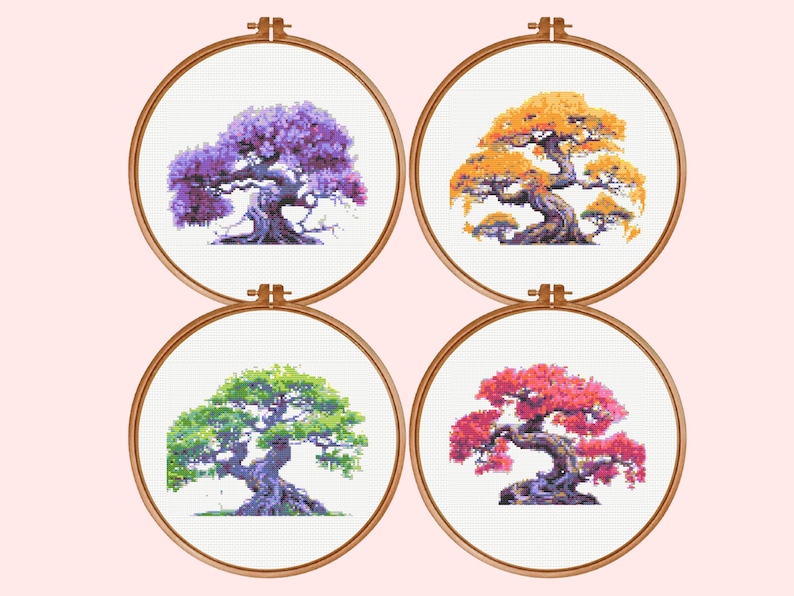 Bonsai Tree Cross Stitch Pattern, Set of 4 Tree Cross Stitch Patterns ...