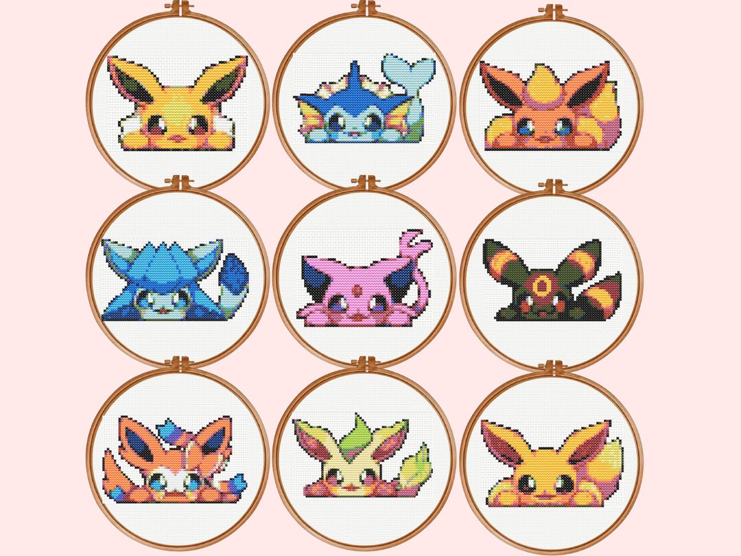 Eevee Evolutions Cross Stitch Pattern, Set of 9 Pokemon Cross Stitch ...