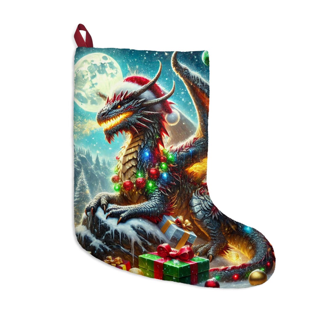 Christmas Dragon Stocking, Fantasy Christmas Decor, Dragon Wearing ...