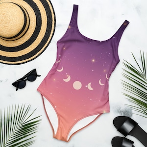 Lunar Phases One-piece Swimsuit, Tropical Ombre Color With Star Pattern ...