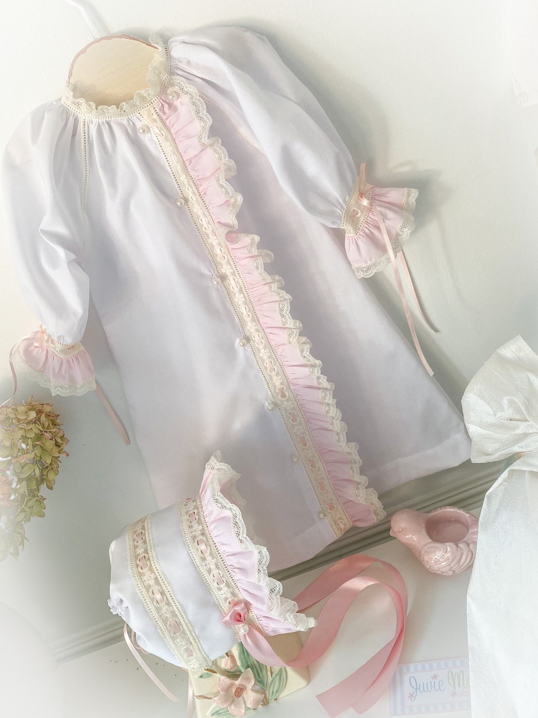 Heirloom Baby Day Gown & Bonnet White Pink Blue Ruffles Ribbon Lace - Etsy