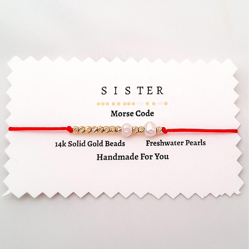Morse Code SISTER Bracelet: 14k Gold, Pearls, Lucky Red String - Etsy