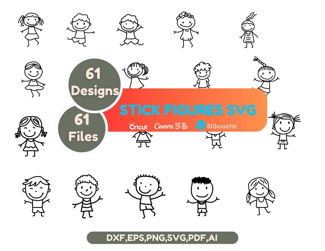 Happy Kids Clipart Set | Black and White Stick Figure Children ...