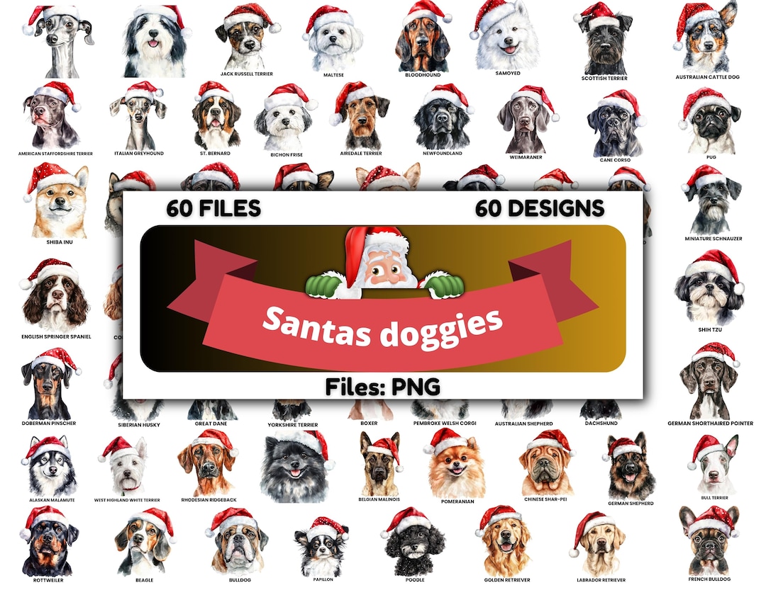 Watercolor Santa Hat Dog Breeds PNG: Christmas Portraits (digital ...